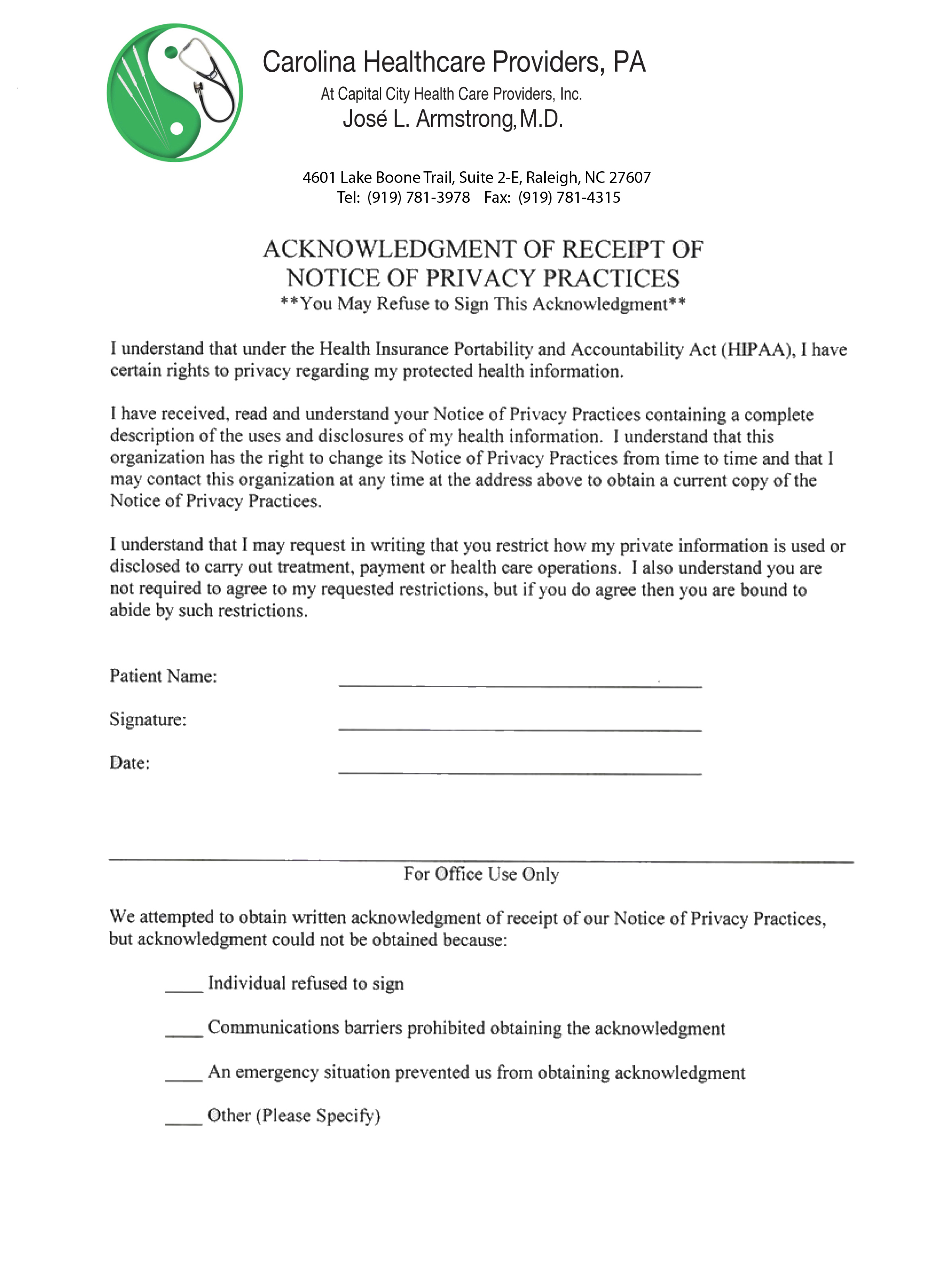 3 acknowledgement | Carolina Health Care Providers